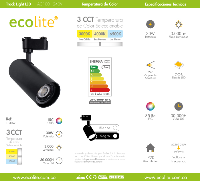 Track light LED 3 CCT 30W para riel TL30W | 2026 | Ecolite